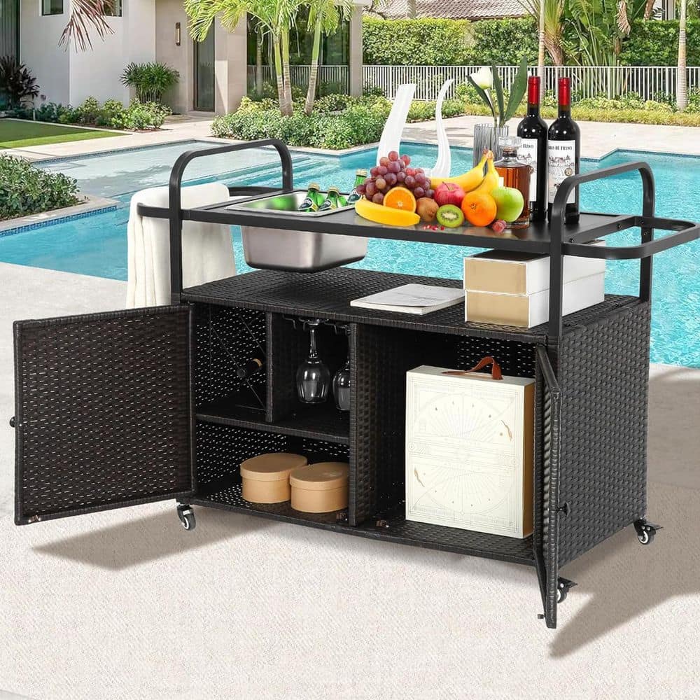 YLLN Black Steel Wicker Outdoor Bar Cart with Storage Cabinet, Ice ...