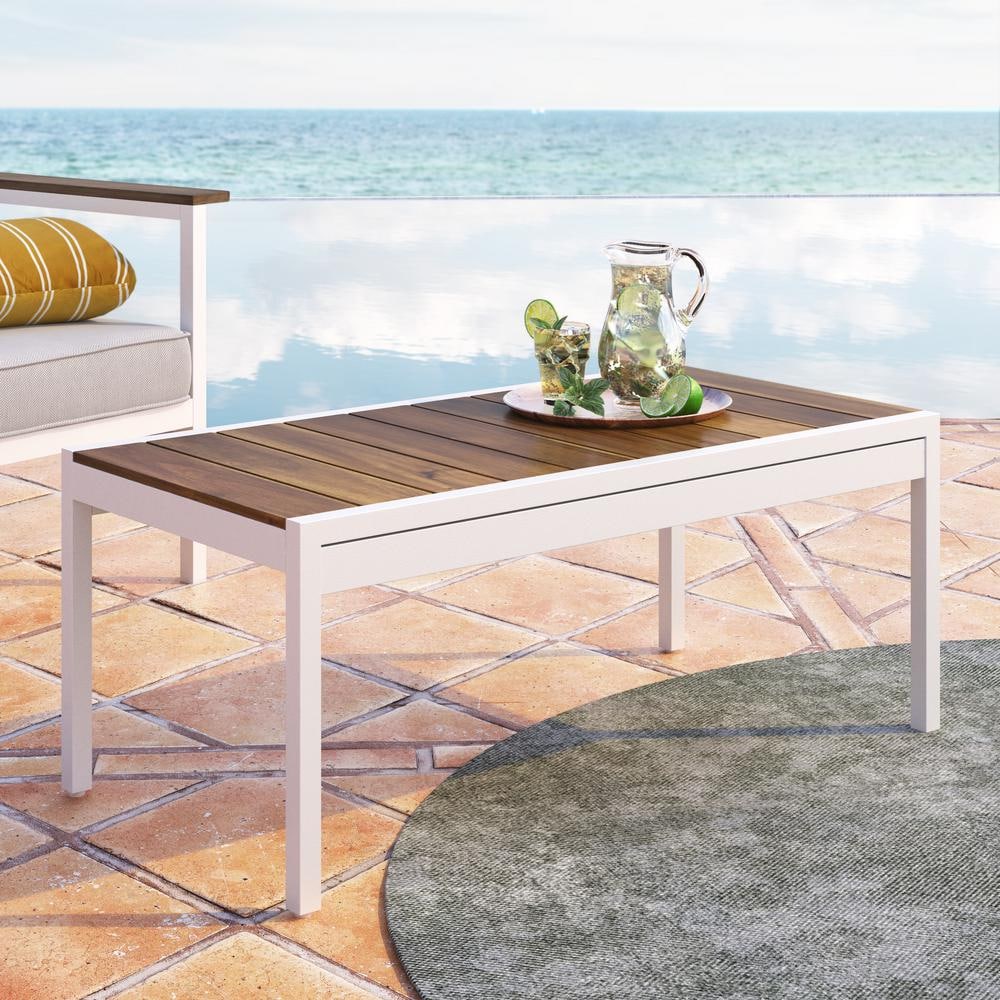 Zinus Pablo White Aluminum and Acacia Wood Outdoor Table with ...