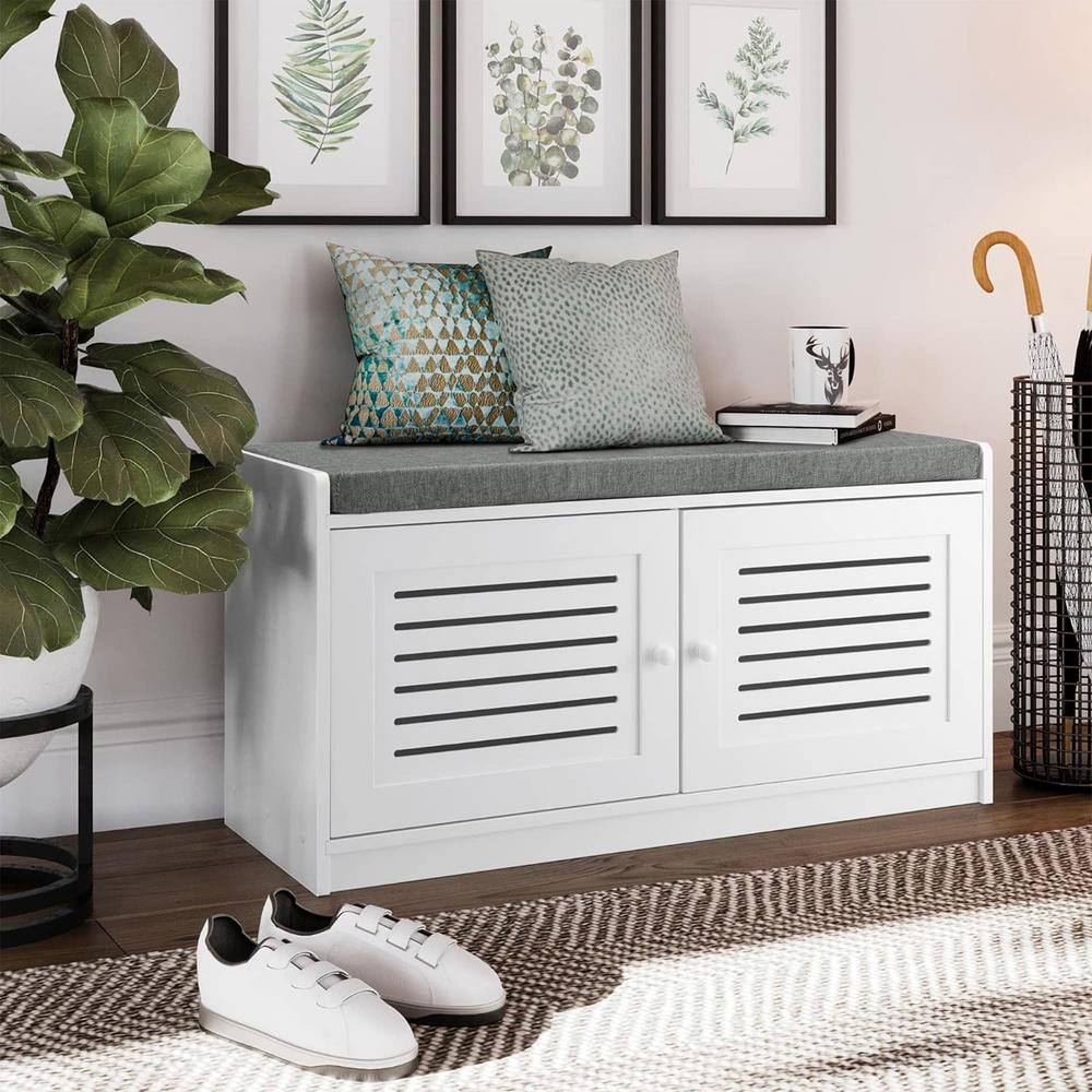 STURDIS White Dining Bench with Storage and Adjustable Shelves 13.78 in ...