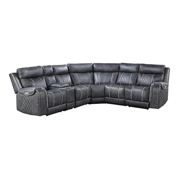 Lazzara Orofina 102.5 in. Straight Arm 6 piece Faux Leather Modular Power Reclining Sectional Sofa in Gray 9377GRY 6LRRRPW