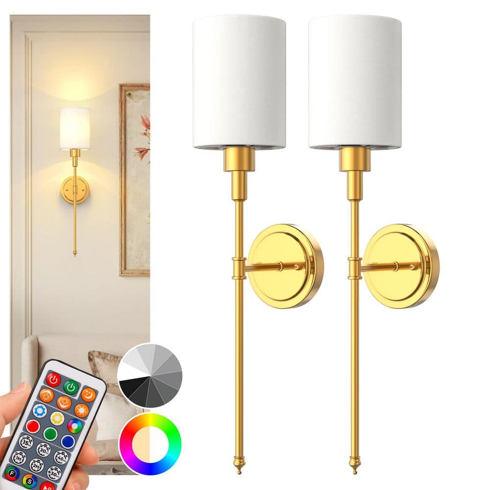 YANSUN 7 in. 1-Light Gold Wall Sconces, RGBCW Color Changing, Timer ...