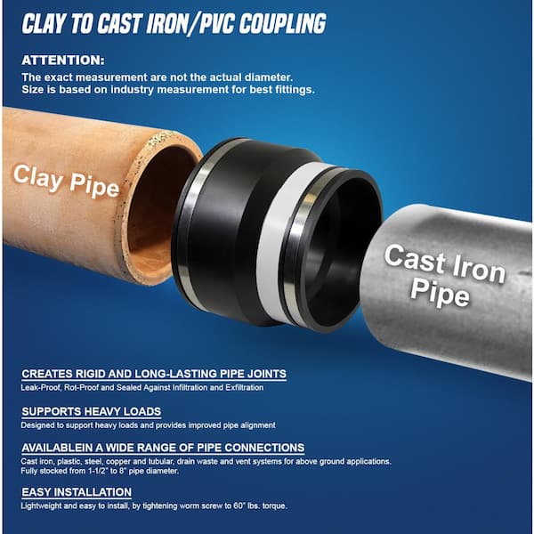 PLUMBFLEX 6 in. x 6 in. Clay to Cast Iron PVC Flexible Coupling with ...