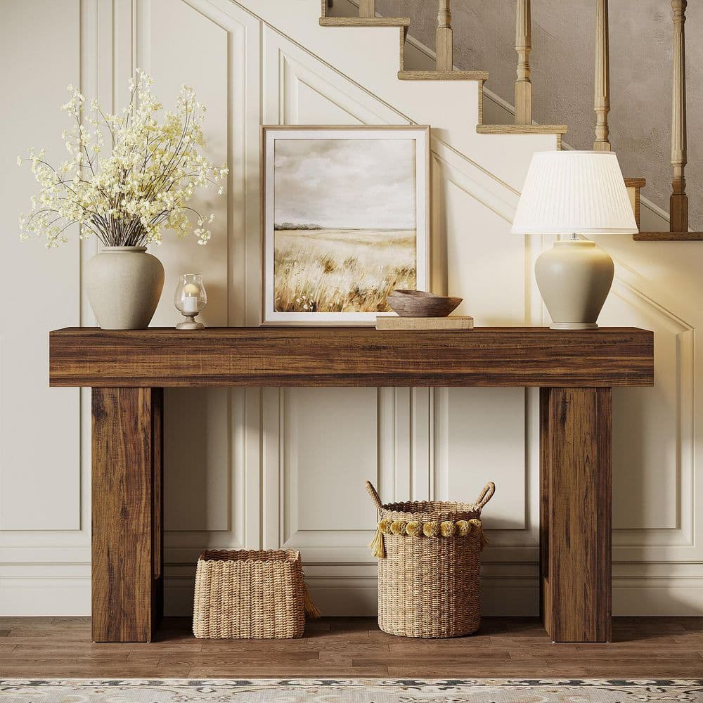 BYBLIGHT Turrella 63 in. W Rustic Brown Rectangle Wood Sofa Console ...