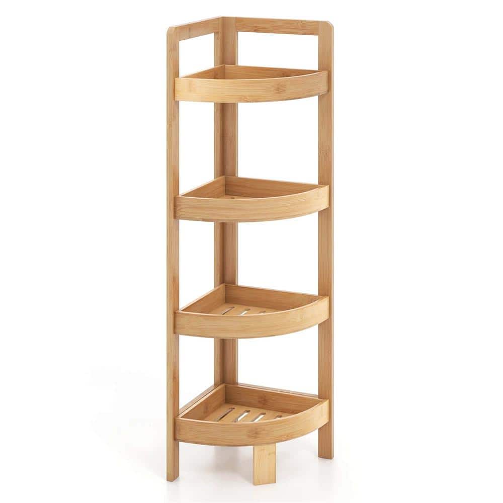 Costway Bamboo Freestanding Corner Shelf with Fall Prevention Rails ...