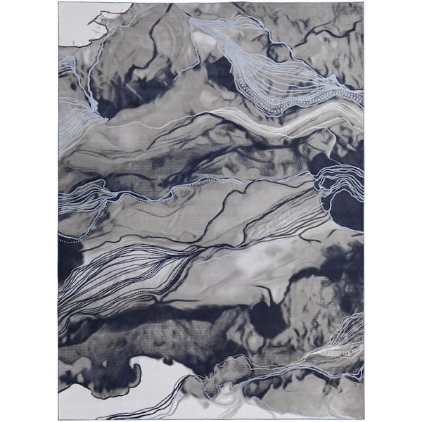 HomeRoots 8 ft. x 11 ft. Blue and Gray and Ivory Abstract Area Rug ...