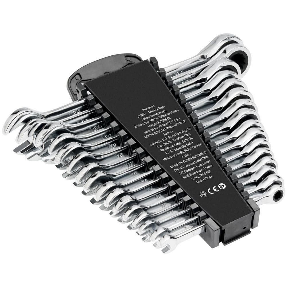 SKYSHALO 16-Piece Ratcheting Wrench Set, Combination Wrench Set with Organizer Rack, Cr-V Steel ...