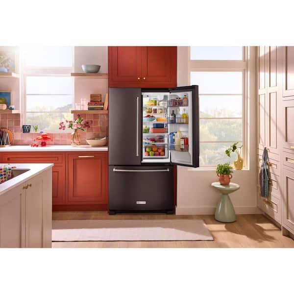 KitchenAid 36 in. 20 cu. ft. Counter Depth French Door Refrigerator in Black Stainless with Wood Look Nesting Shelf KRFC136RBS