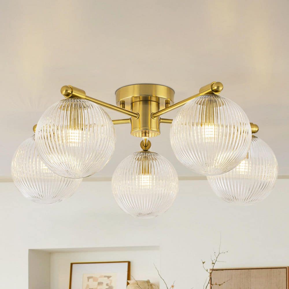 RRTYO Newlin 22 in. 5-Light Sputnik Clear Ribbed Glass Globes Brushed ...