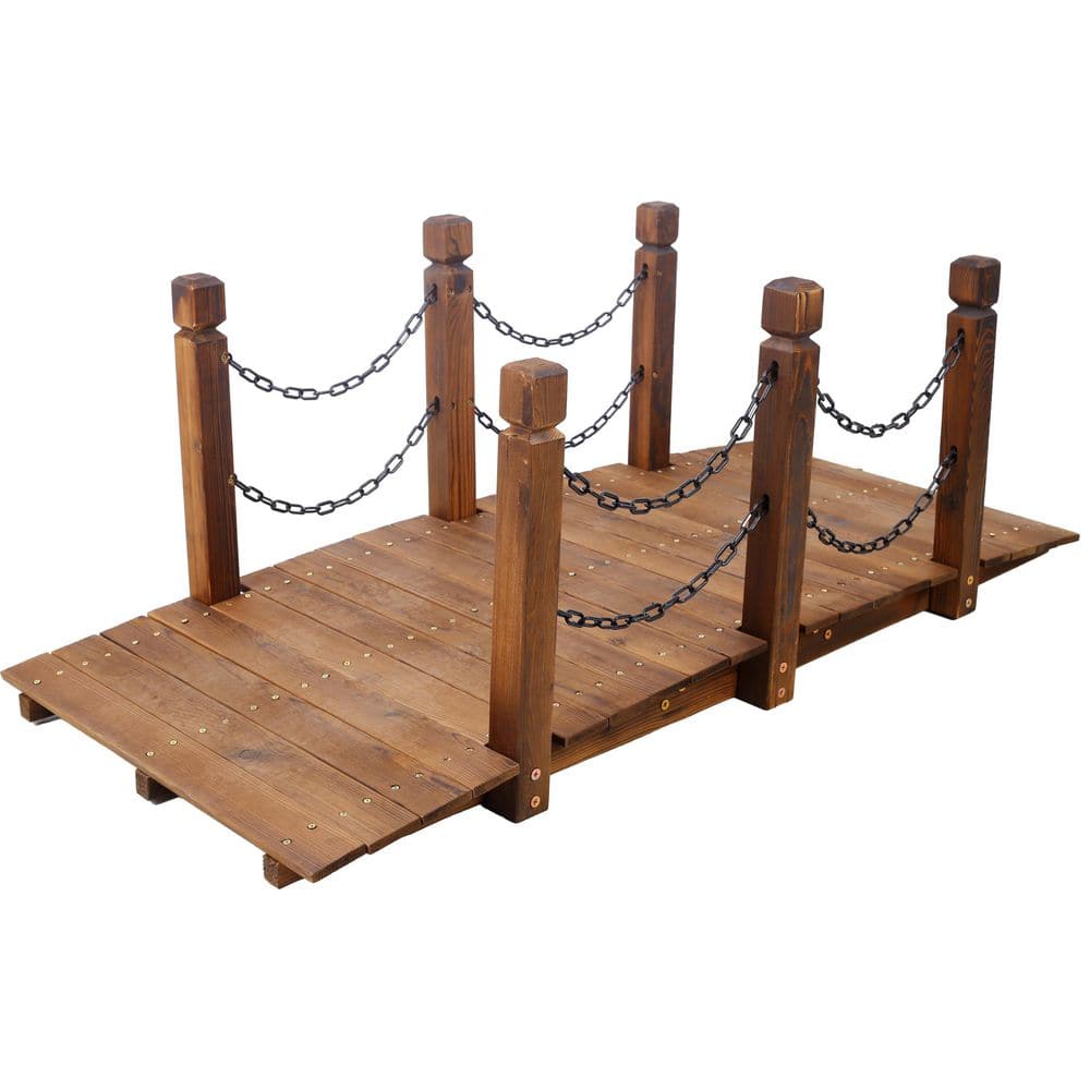 5 ft. Miniature Garden Bridge, Stained Wooden Arc Footbridge w/ Chain ...