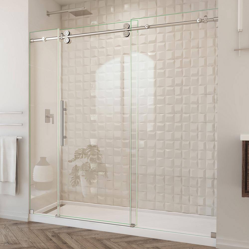 DreamLine Enigma-XO 56-60 in. W x 76 in. H Fully Frameless Sliding Shower Door in Brushed ...