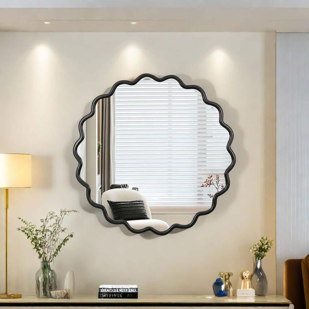 42 in. W x 42 in. H Solid Wood Wavy Wall Mirror Round Vanity Mirror ...