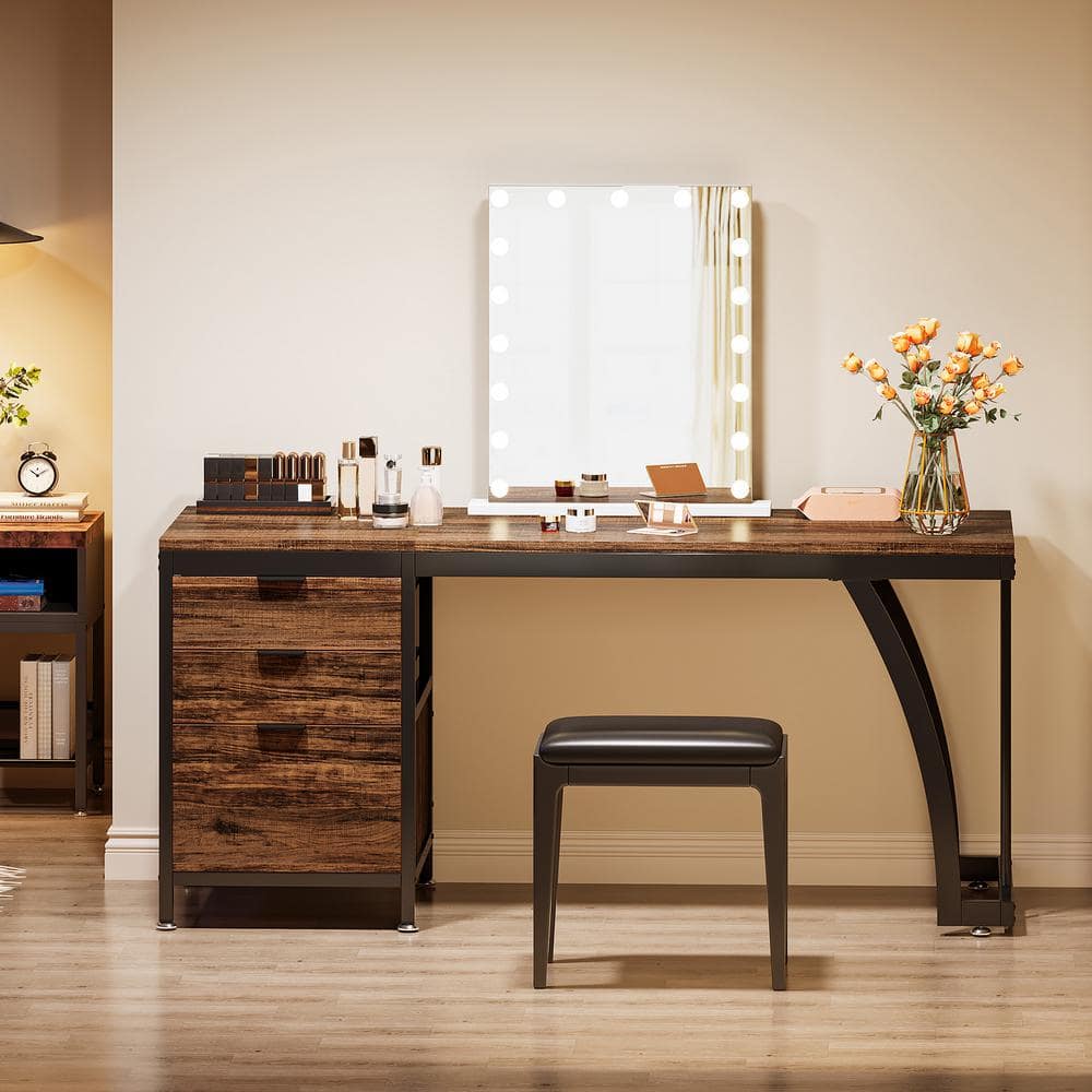 BYBLIGHT Helotes 59 in. Rustic Brown Makeup Vanity Desk with 3-Drawers ...
