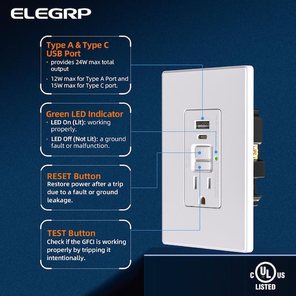 ELEGRP GFCI USB COMBO-15 Amp GFCI Outlet and 24-W In-Wall USB Charger ...