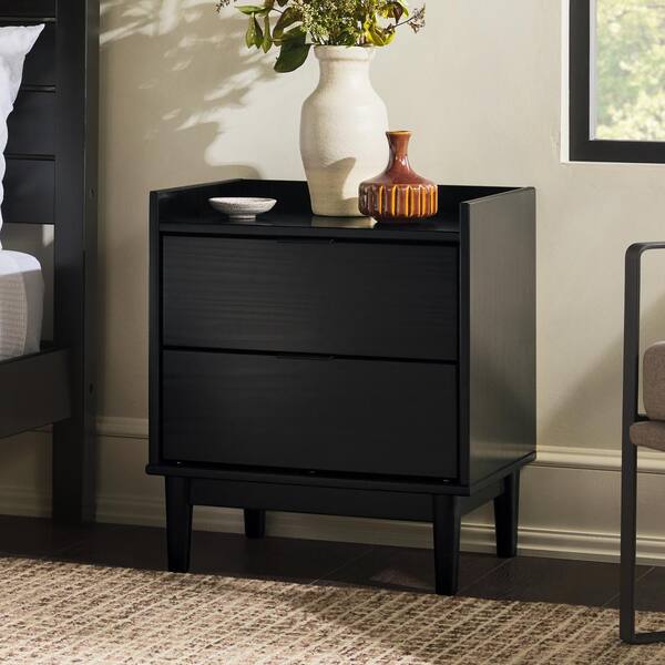 Welwick Designs 2 Drawer Black Solid Wood Mid Century Modern Tray Top Nightstand HD9811 The Home Depot