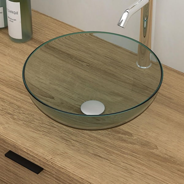 Sleek and Modern 14 Vessel Bathroom Sink 14 in. Clear Tempered Glass ...
