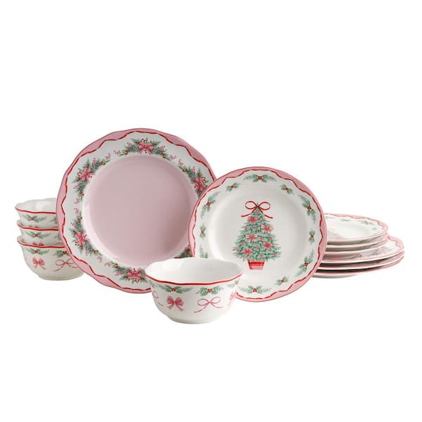 222 Fifth Pinkmas 12-Piece Porcelain Dinnerware Set for 4, White/Pink ...