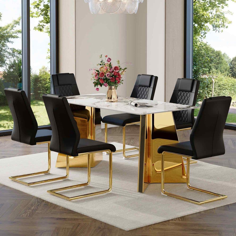 Polibi 7-Piece Rectangular Black/Gold Stone Top Dining Table Set Seats 6 with 6 PU Chairs RS519 ...