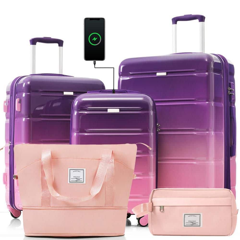 Qualler 5-Piece Purple and Pink ABS Durable Luggage Set with 2 Travel ...
