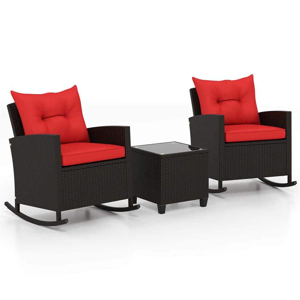Costway 3-Piece Metal Rattan Patio Conversation Set with Red Cushions ...