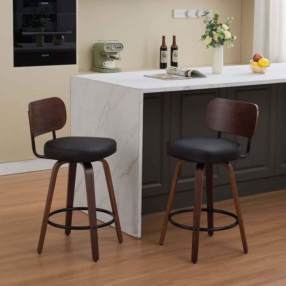 Reviews for Black Modern Bar Stools Set of 2, Faux Leather Upholstered ...