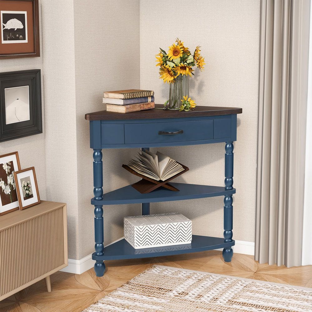 Seafuloy 34in. Navy Blue Triangle Wood Console Table with 3-Tier ...