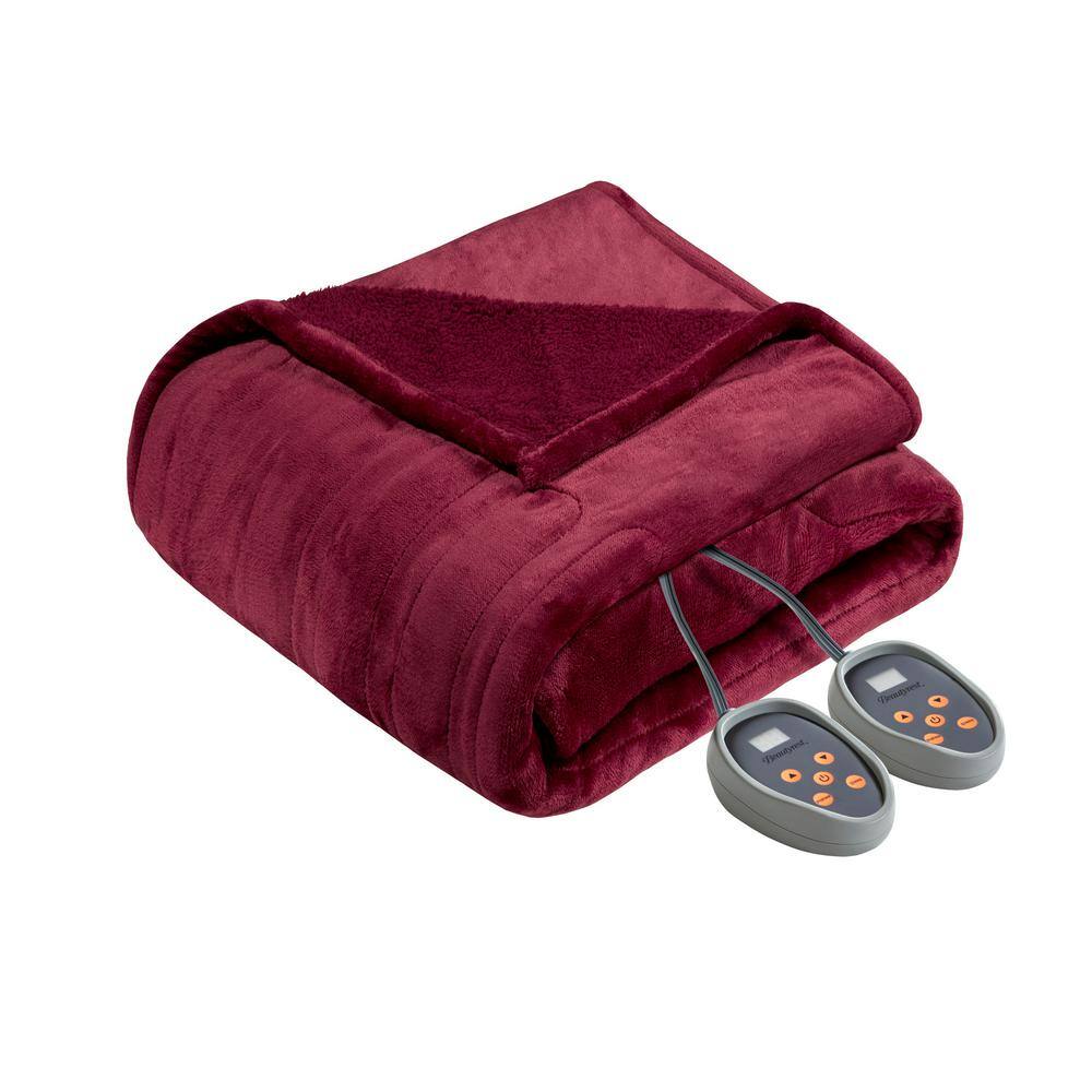 Beautyrest 80 in. x 84 in. Heated Microlight to Berber Red Full Blanket ...