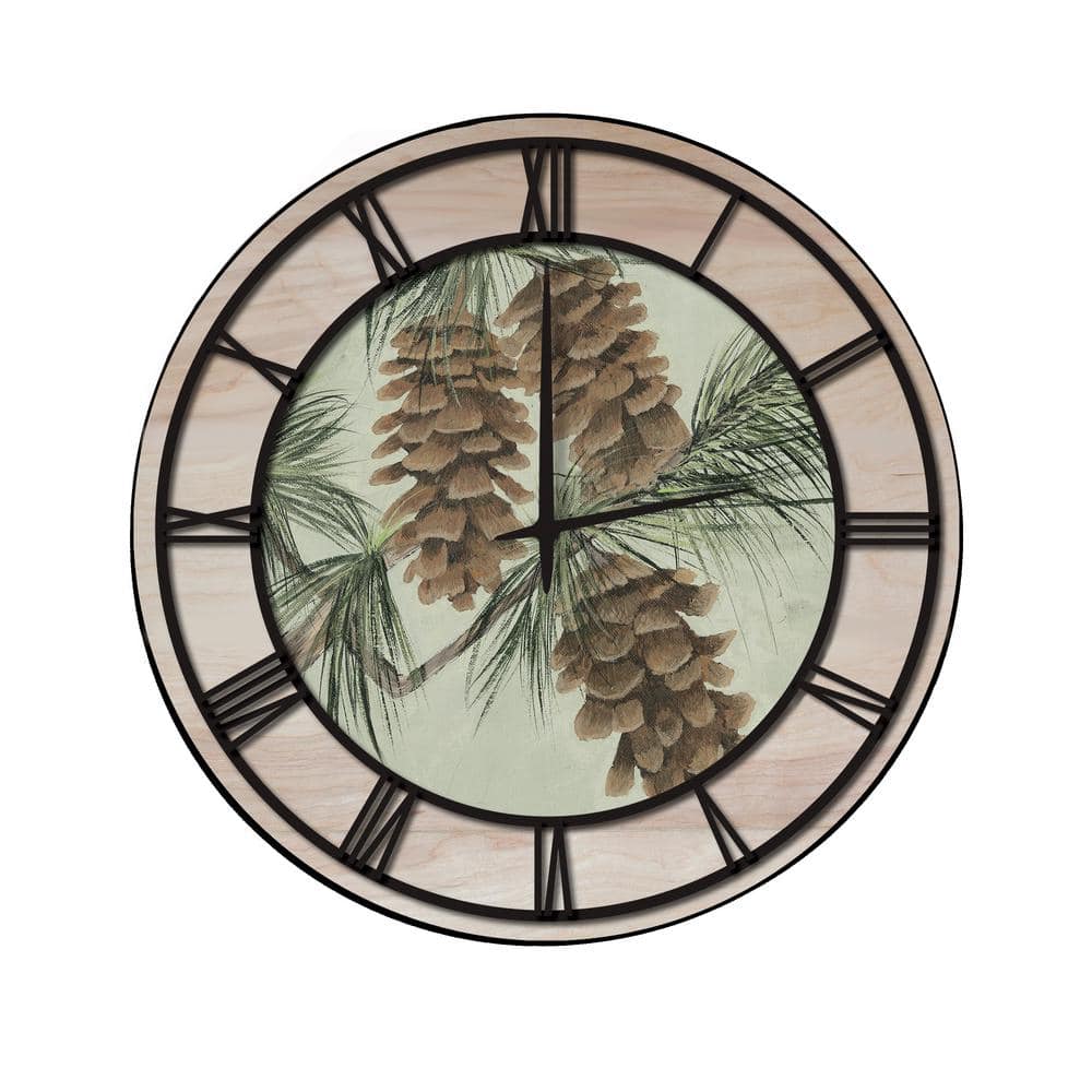 "Pine Cone" Woodgrain Accent and Black Numbers Imaged Wall Clock CL-PCN ...