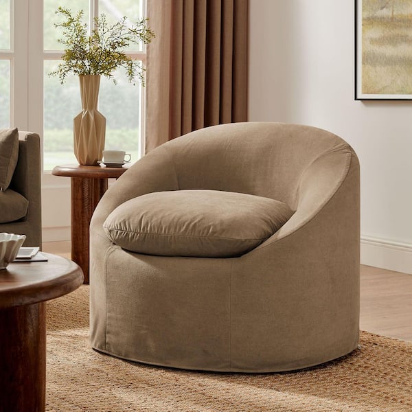 MODWAY Sadie Almond Brown Fabric Slipcovered Linen-Blend Round Accent ...