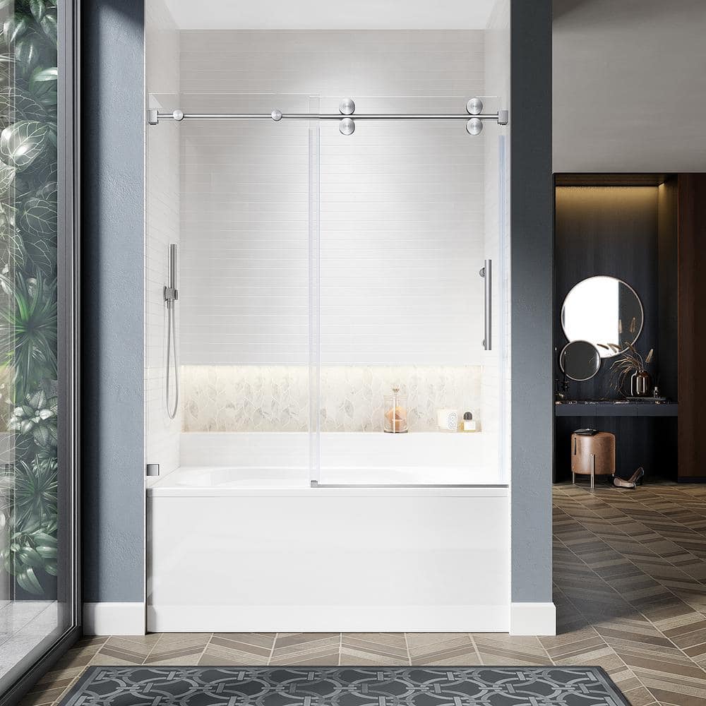 UNIKOO UKS04 60 in. W x 66 in. H Sliding Frameless Bathtub Door in ...