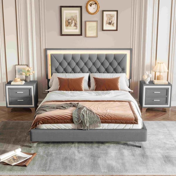 Polibi Gray MDF Frame Queen Platform Bed with LED Lights and 2 ...