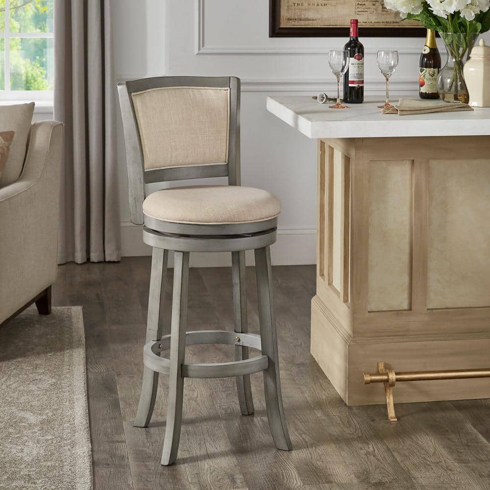 HomeSullivan 29.96 in. Antique Gray Finish Wood Frame Beige Upholstered ...