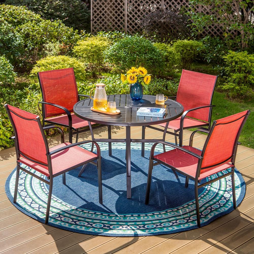PHI VILLA Black 5-Piece Metal Slat Round Table Patio Outdoor Dining Set ...