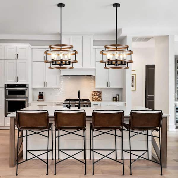 ADSENSTY 5-Light Black & Imitation Wood Grain Farmhouse Chandeliers ...