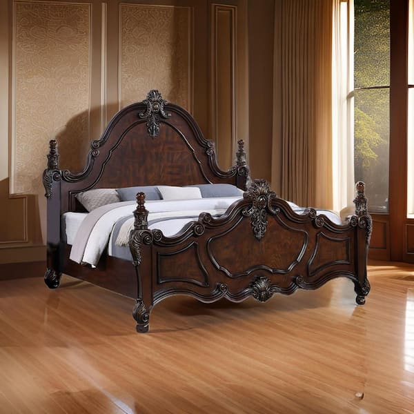Benjara Frank Cherry Brown Wood Frame Queen Size Panel Bed with Carved ...