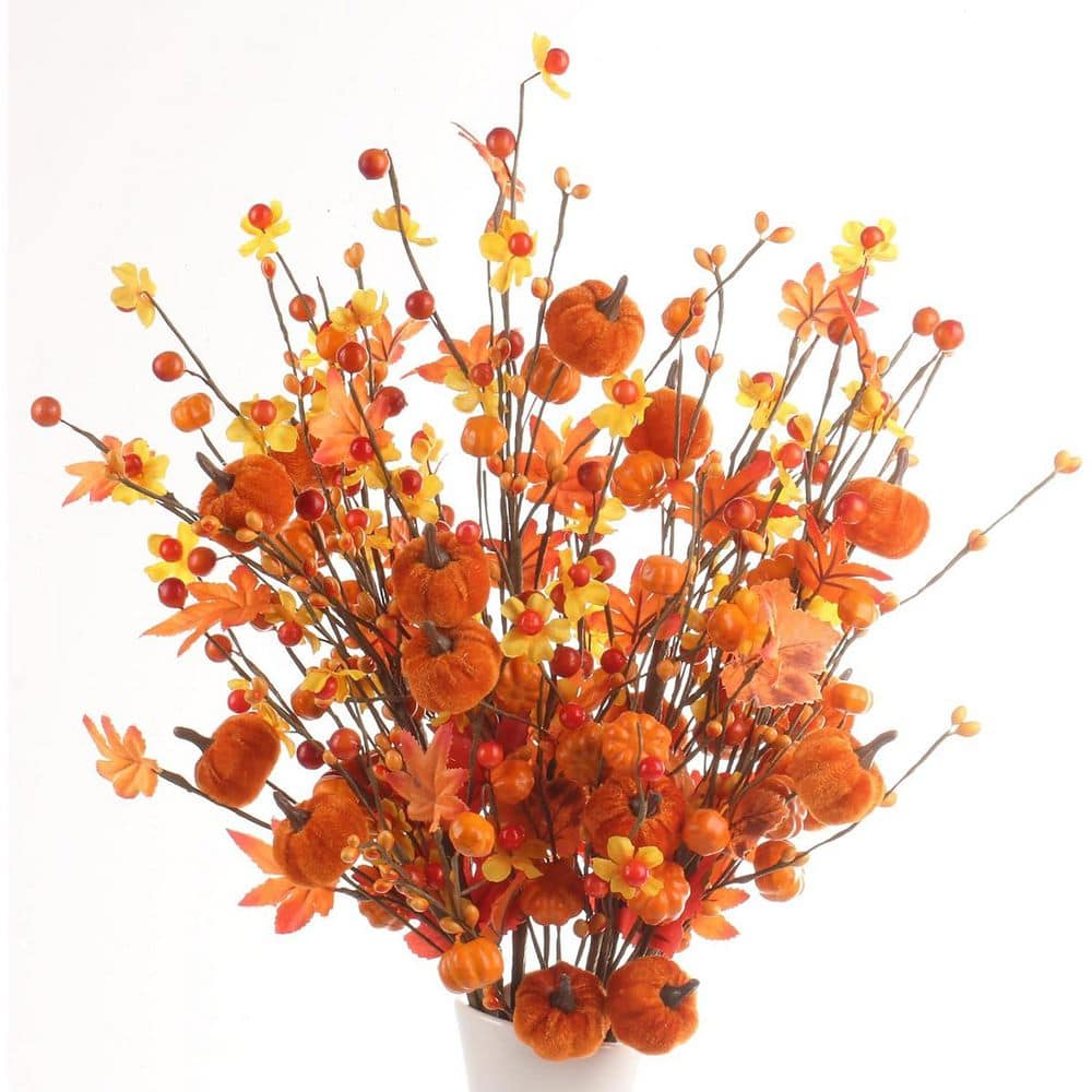 4-Pieces 19.5 in. Multi-Colored Artificial Berries Pumpkin Floral Stems ...