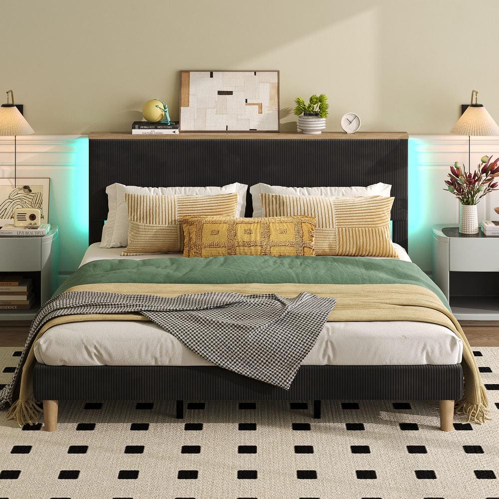 Bestier King Corduroy Bed Frame with Adjustable Headboard Black