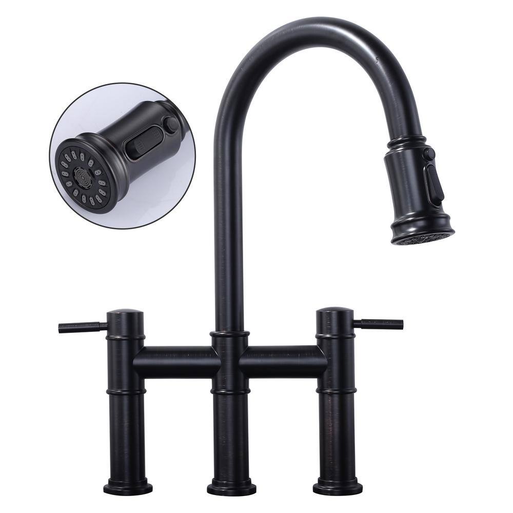 AVITAS Double Handle Pull-Down Bridge Kitchen Faucet with Brass and ...