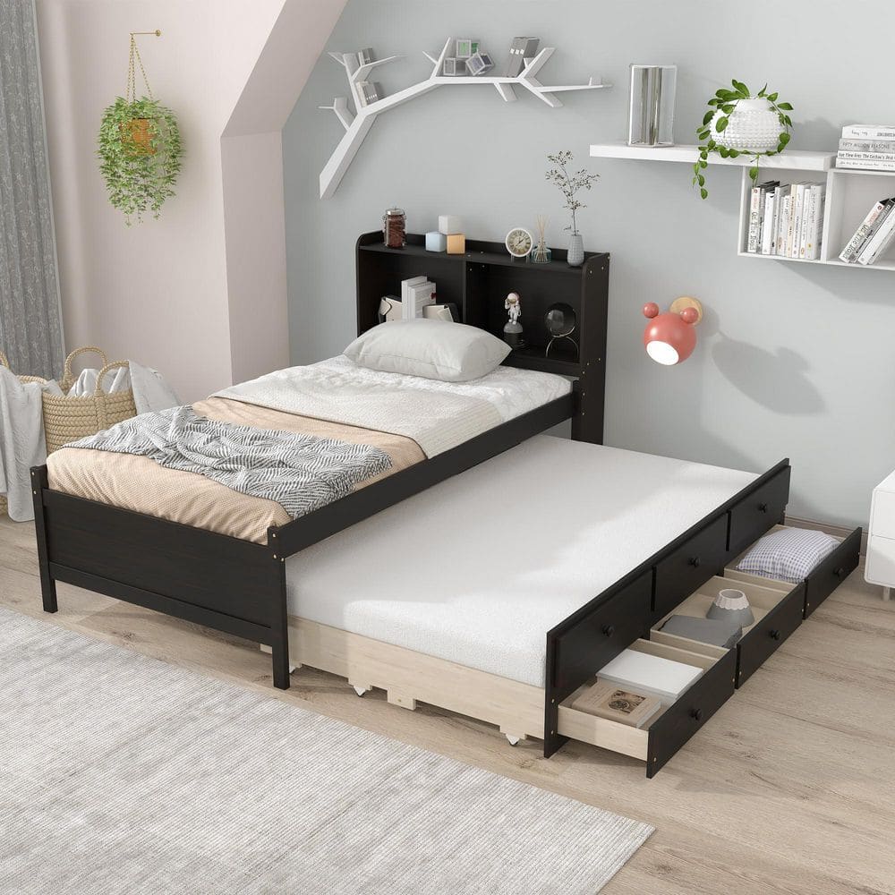 GODEER Brown Wood Frame Twin Platform Bed with Bookcase Twin Trundle ...
