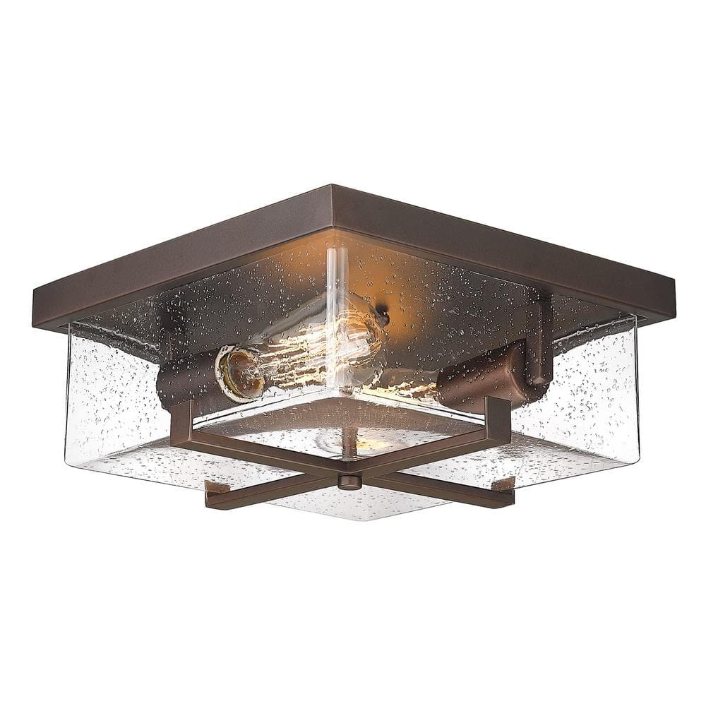 JAZAVA 11 in. 2-Light Oil Rubbed Bronze Flush Mount With Seeded Glass ...