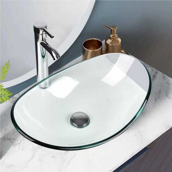 cadeninc Clear Tempered Glass Oval Vessel Sink with Faucet Pop-Up Drain ...
