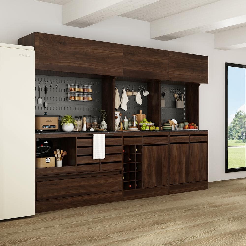 FUFU&GAGA 3-in-1 Brown Wood Buffet and Hutch Storage Cabinet with ...