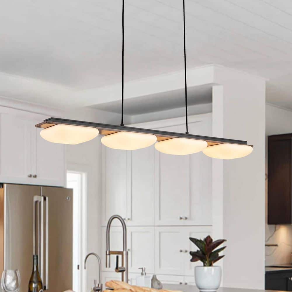 Y'INSP 4 Light Integrated LED Matte Black Rustic Square Chandelier for Dining Room with Acrylic ...