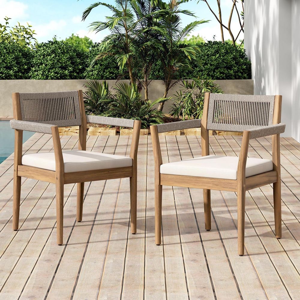 Teak Acacia Wood Outdoor Lounge Chair w/ Beige Cushions, All-Weather ...