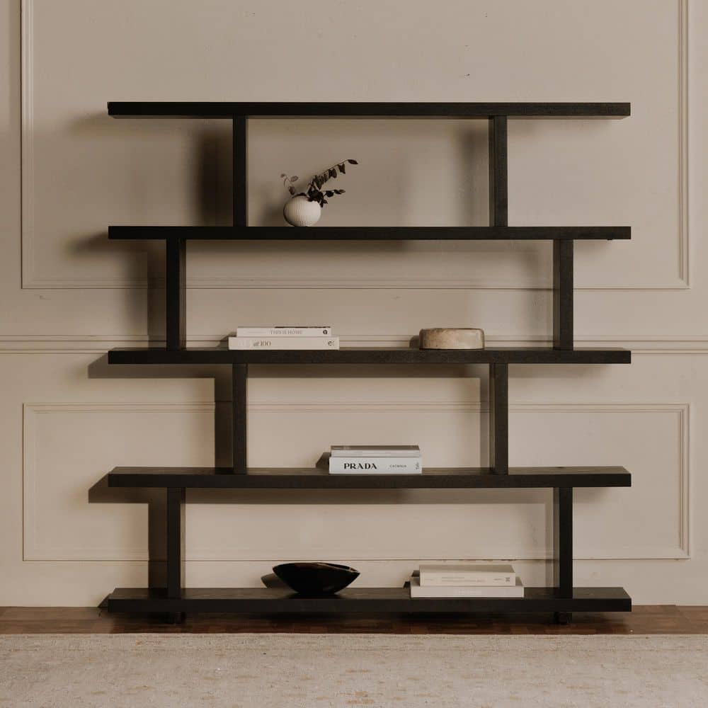 NADAAL STUDIOS Soleil 62 in. Tall Black Ash Veneer 5-Shelf Bookcase with Open Design and Space ...