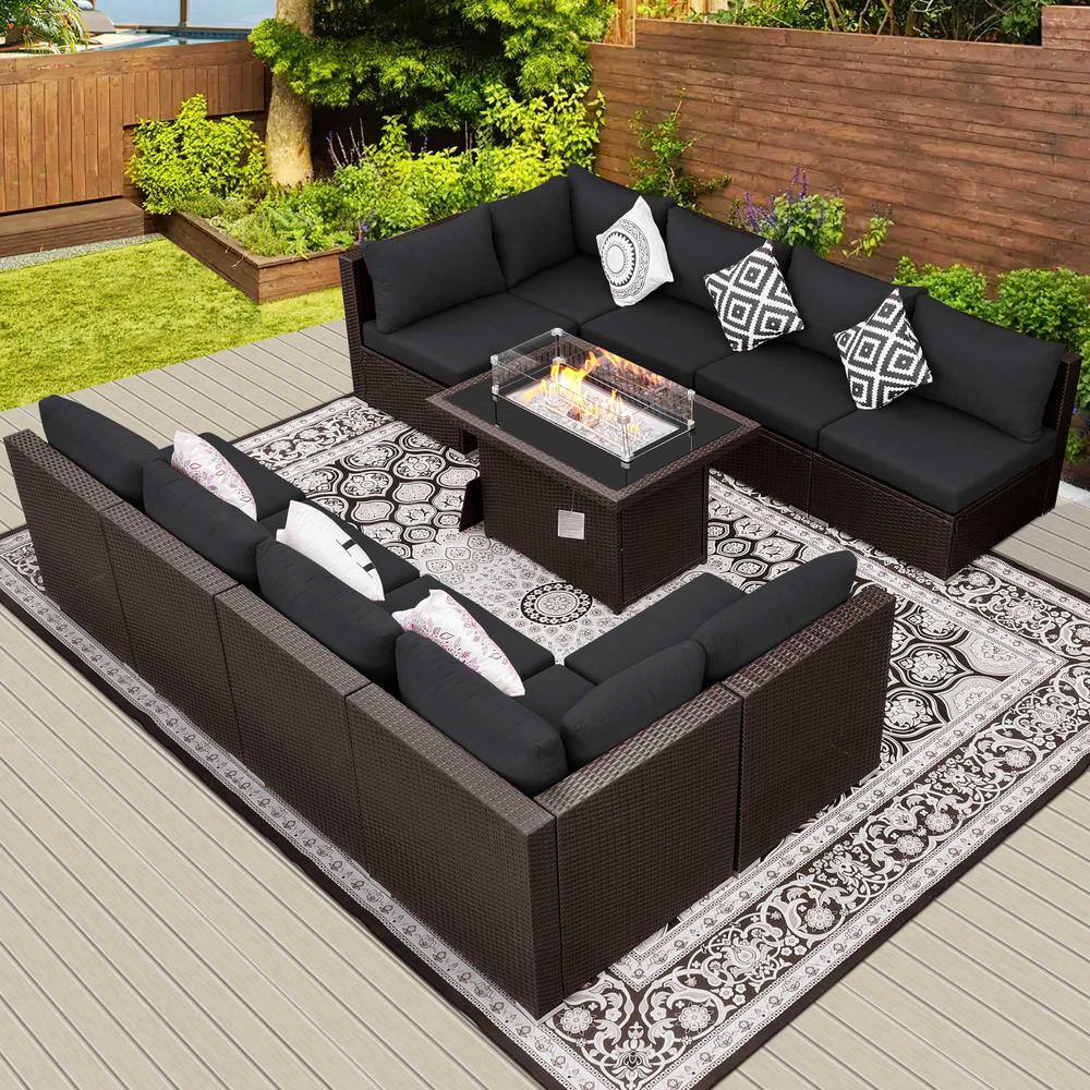 FINCATI Luxury 11-Piece Outdoor Brown Wicker Deep Seating Patio Set ...