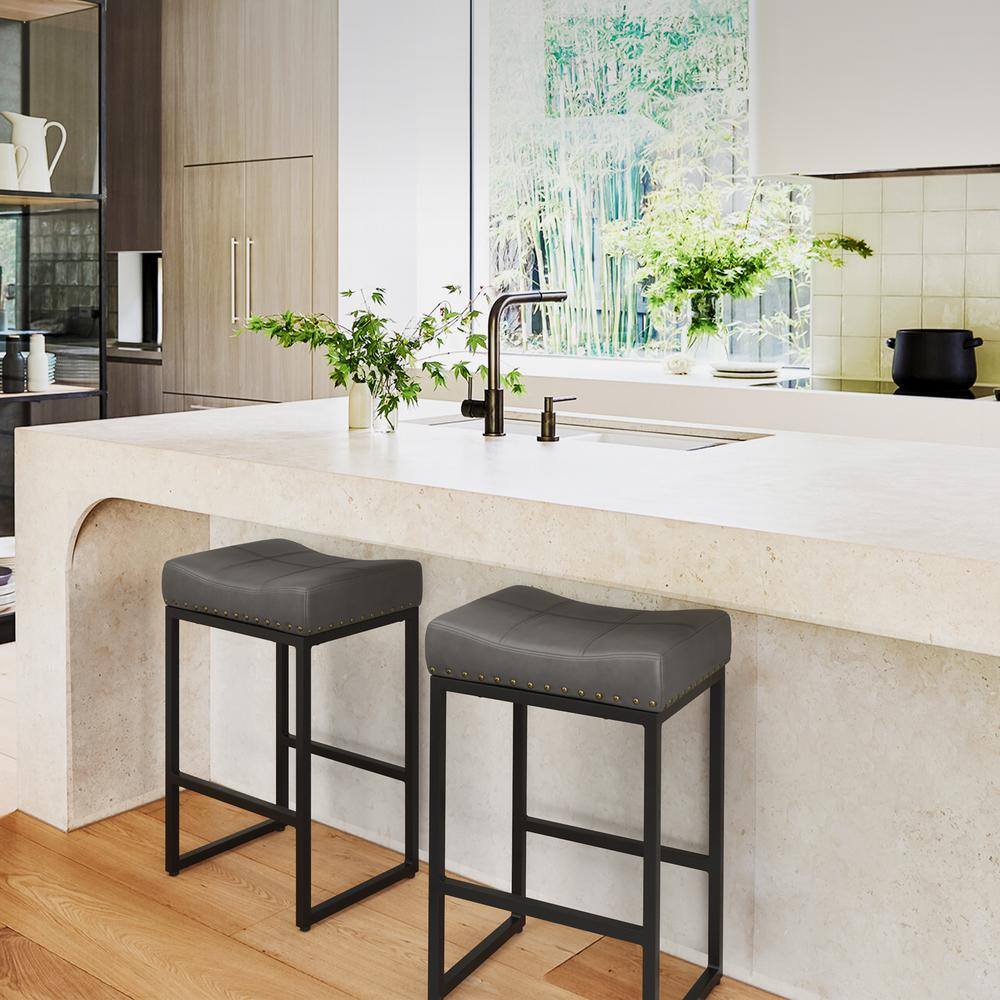 LUE BONA 24 in. Gray Cusioned Backless Saddle Faux Leather Bar Stools ...