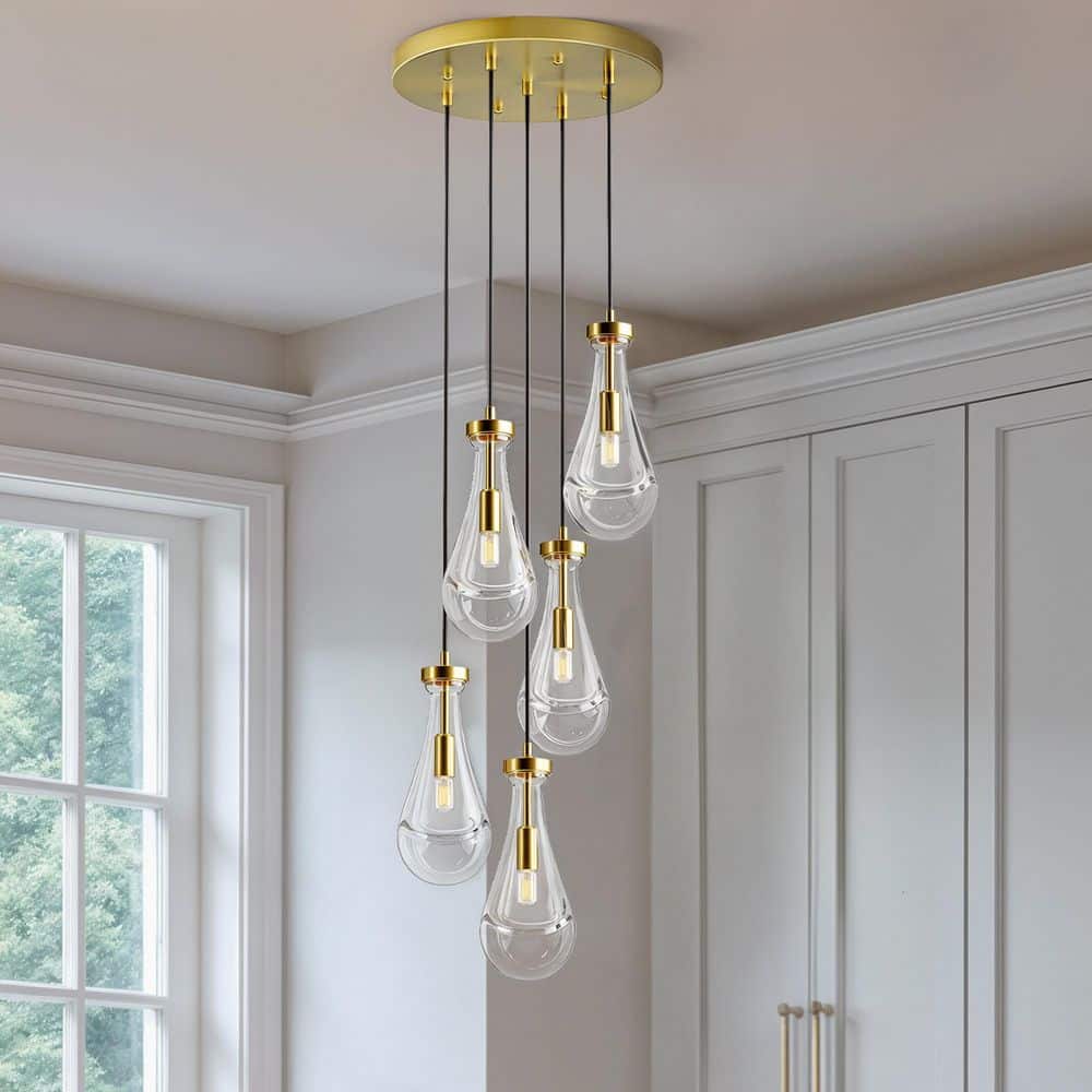 Merra 5-Light Gold Modern Glass Raindrop Chandelier for Living Room ...