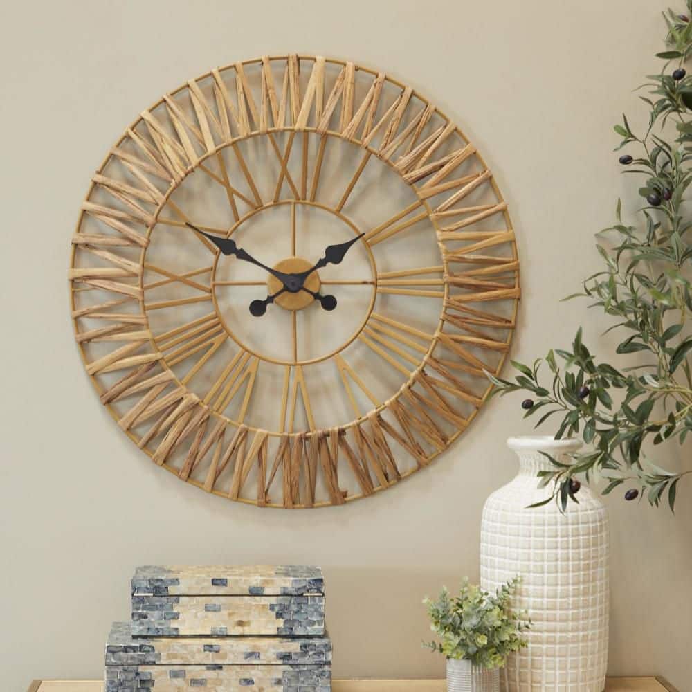 Litton Lane 31 in. x 31 in. Gold Seagrass Round Wall Clock with Weaving ...
