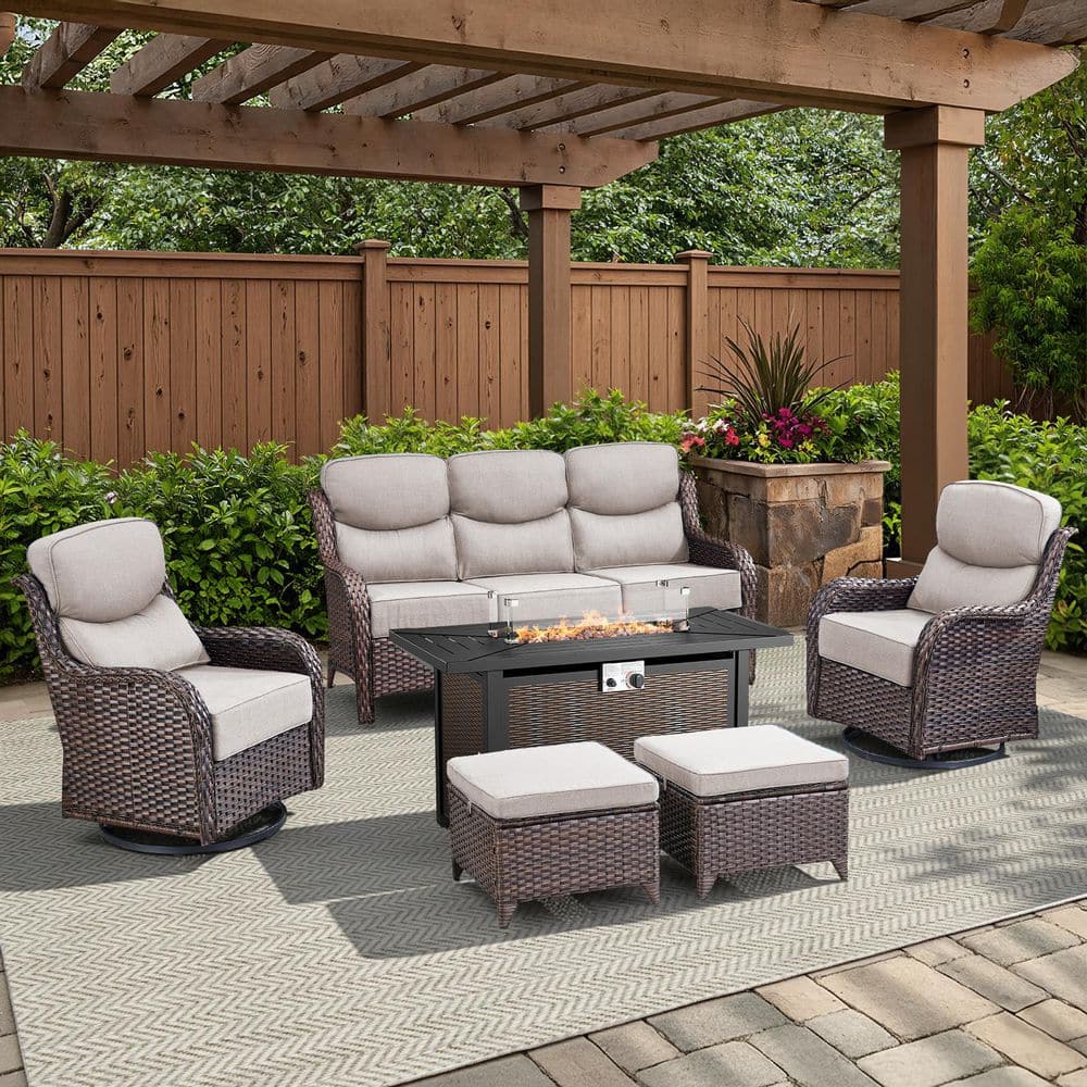 Opohoro Arcadia Brown 6-Piece Wicker Outdoor Patio Fire Pit Deep ...