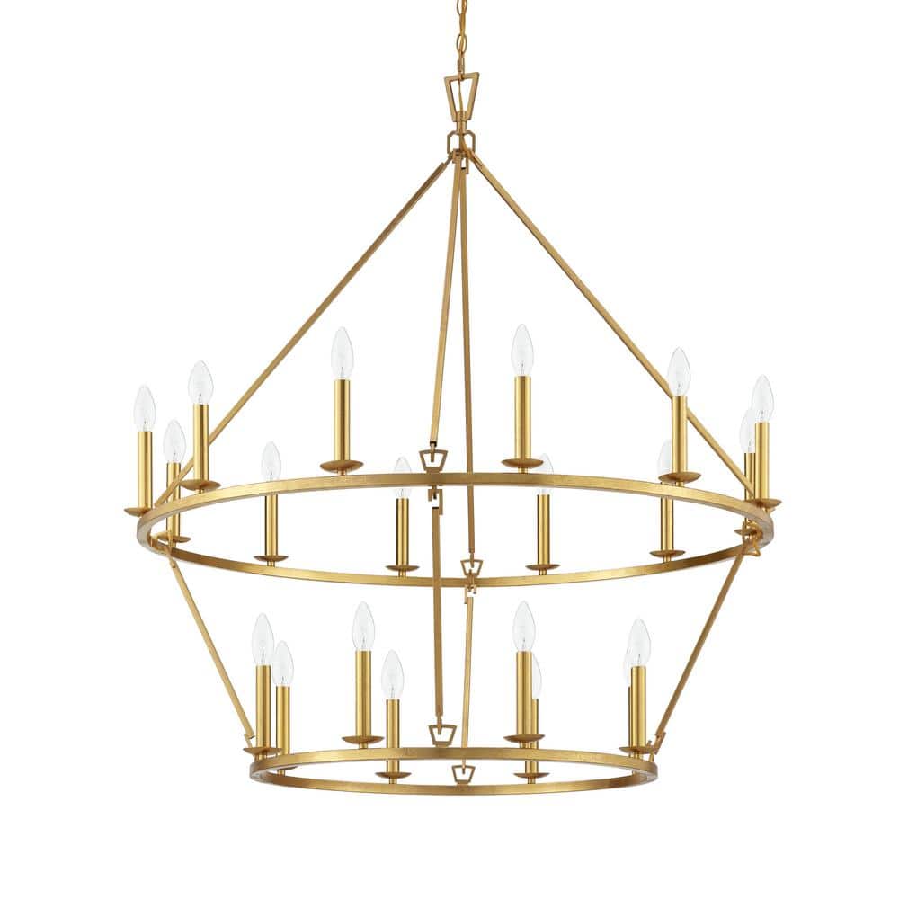 KAWOTI 20-Light 40 in. Distressed Gold 2-Tier Wagon Wheel Chandelier ...